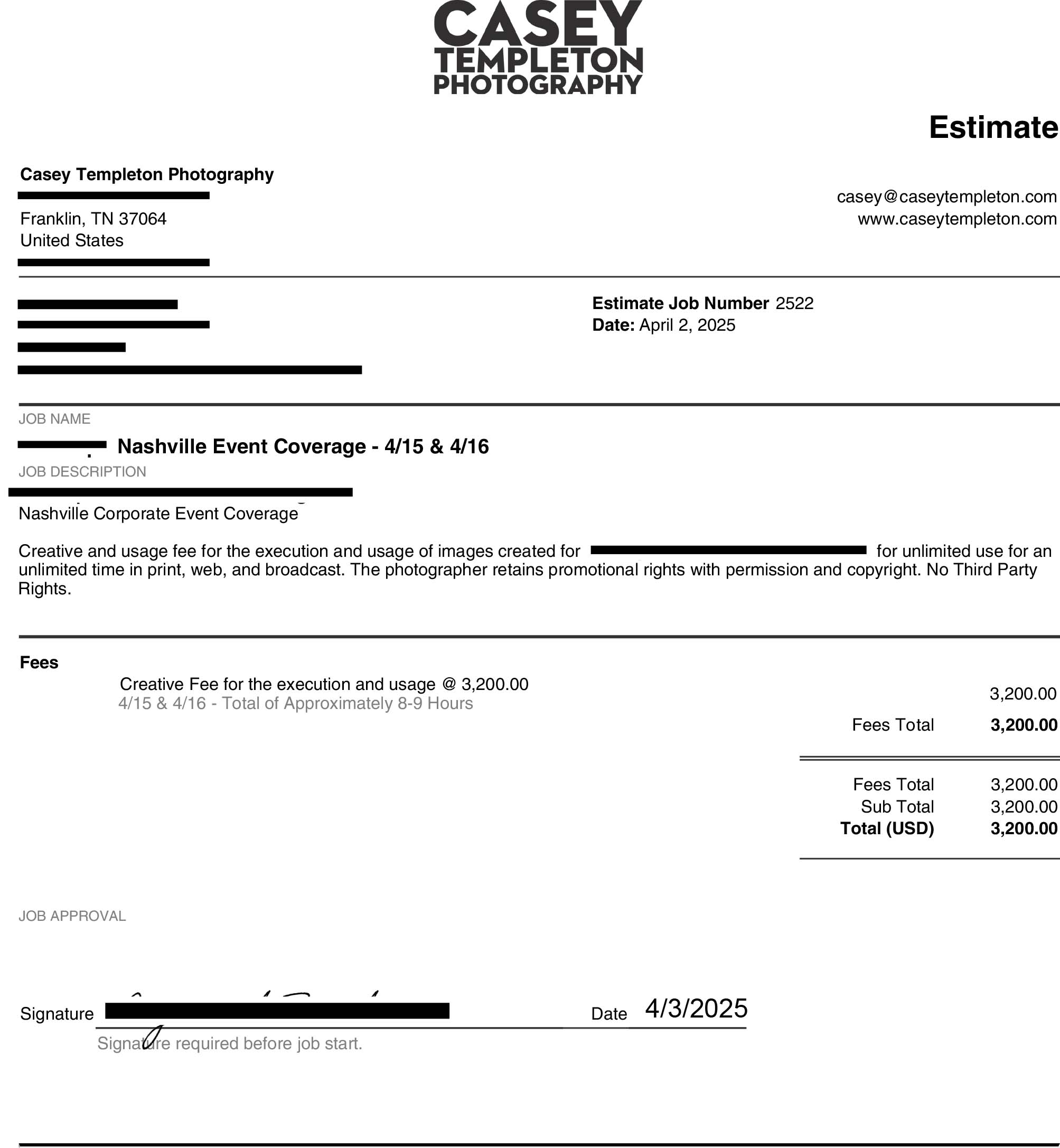 Photo Licensing & Usage Rights Agreement - Casey Templeton